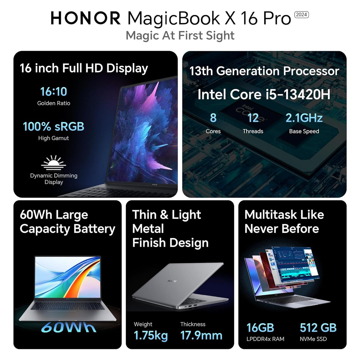 HONOR MagicBook X16 Pro 2024, 13th Gen Intel Core i5-13420H (16GB/512G ...